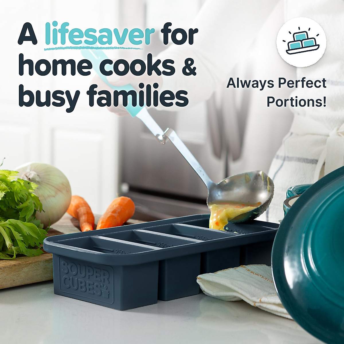 Souper Cubes 1 Cup Silicone Freezer Molds - Soup Cubes Perfect for Storing Broth, Rice, Leftovers and More - Silicone Freezer Trays with Lids for Meal Prep - Charcoal - 1-Pack