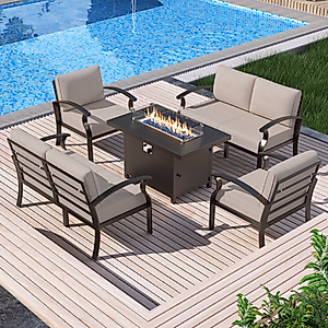 Gotland 6 Seats Outdoor Metal Patio Furniture Set with 55,000 BTU Gas Fire Pit Table w/Glass Wind Guard Patio Conversation Sectional Sofa Sets-Khaki