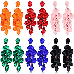 6 Pairs Long Acrylic Rose Petal Drop Dangle Earrings Bohemian Resin Multicolored Flower Statement Floral Tassel Earrings Layered Floral Petal Earrings for Women Bridal Prom Gifts (Long Style)