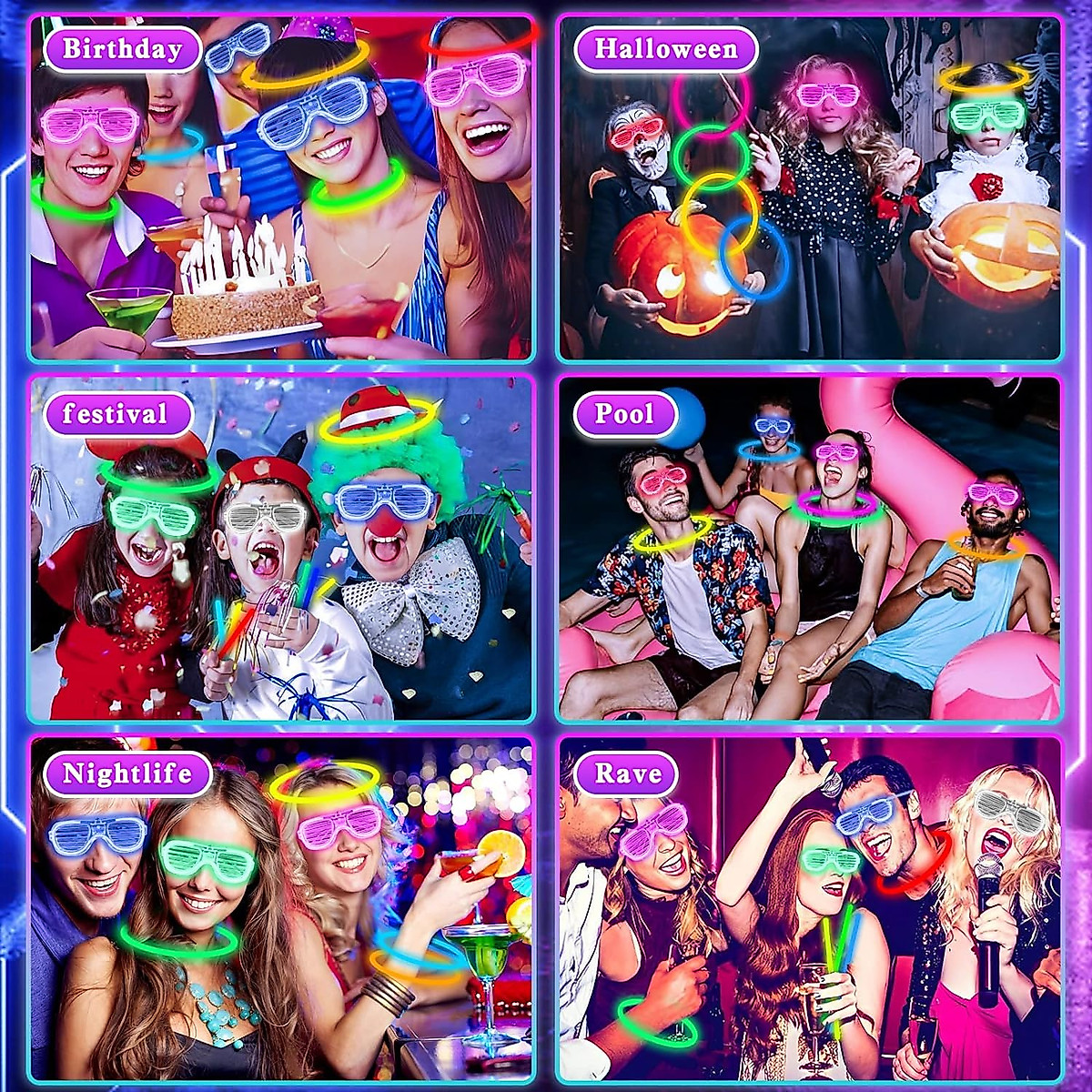 OLUPP 222PCS Glow in the Dark Party Supplies, Glow Sticks Glasses Favors, 200 PCS Glow Sticks and 22 PCS LED Glasses, New Years Neon Party Favors for Glow Party, Wedding, Concert, Raves, Birthday