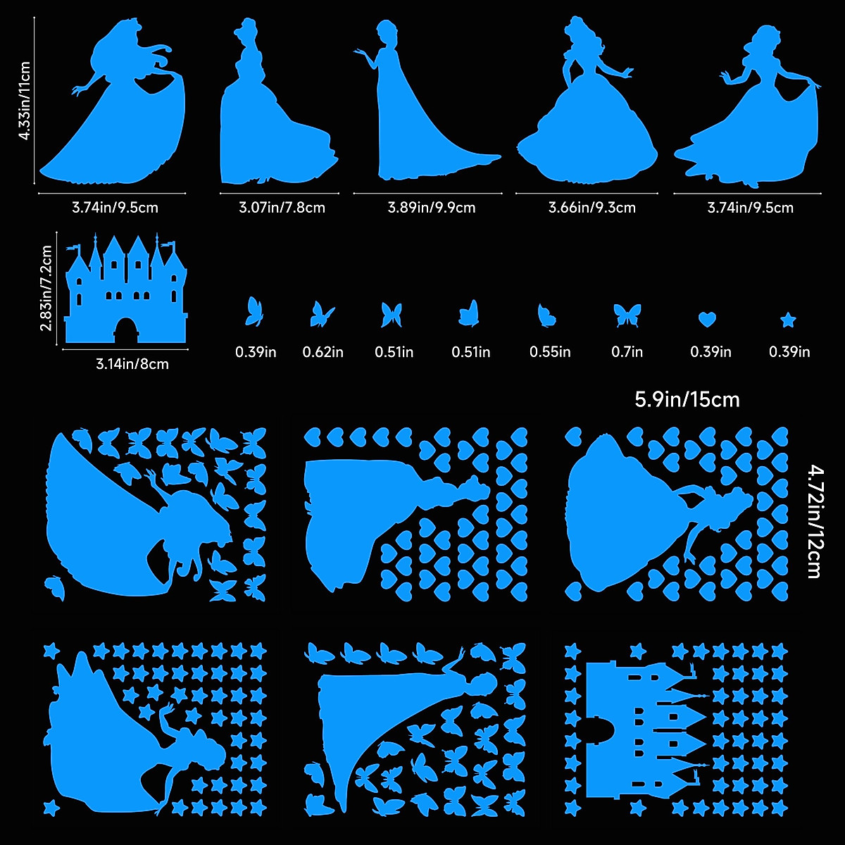 Glow in The Dark Princess Castle Wall Sticker, Self-Adhesive Star Butterfly Wall Decal for Girl's Room, Fluorescent Sticker for Ceiling Nursery (Blue)