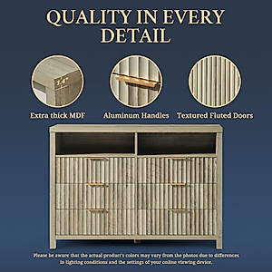 OAKHAM HOME Oxford Fluted 6 Drawer Dresser for Bedroom, Wide Modern Wooden Chest of Drawers with 2 Shelves, TV Stand of Drawers, Wood Drawer Organizer, 46.5" W x 37" H x 15.4" D (Sunwashed Ash Oak)