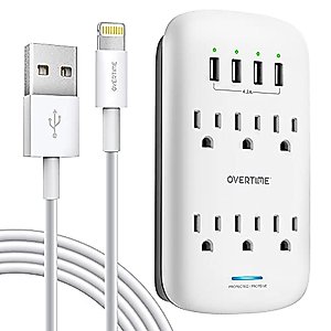 USB Wall Charger with Apple MFi Certified 4ft Lightning Cable, Surge Protector Outlet Socket Extender Shelf 6 Outlet 4 USB Ports Charging Station for iPhone, iPad, Home, School, Office, ETL Certified