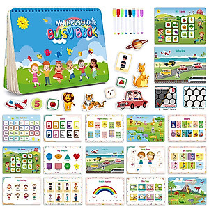 My Preschool Toys Gift for Kids & Toddlers Boy Girls,Reusable Waterproof Busy Book Quiet Book Activity Board Busy Educational Learning Toys Work Book(16 Themes-Style D)
