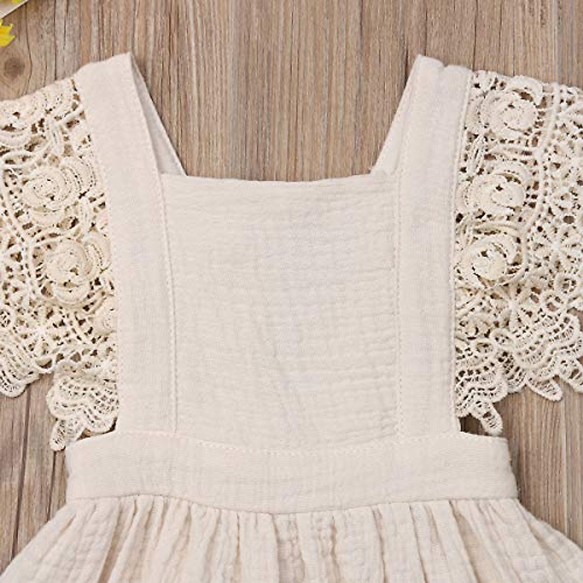 Toddler Baby Girl Infant Comfy Cotton Linen Lace Princess Overall Dress Sundress (Beige, 9-18 Months)
