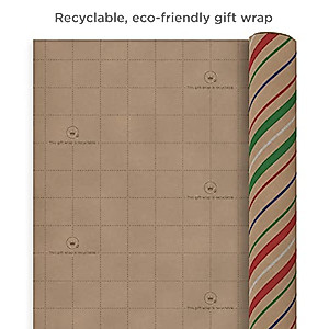 Hallmark Recyclable Christmas Wrapping Paper for Kids with Cut Lines on Reverse (4 Rolls: 88 sq. ft. ttl) Kraft Brown with Christmas Lights, Deer, Snowflakes, Red, Green, Blue Stripes