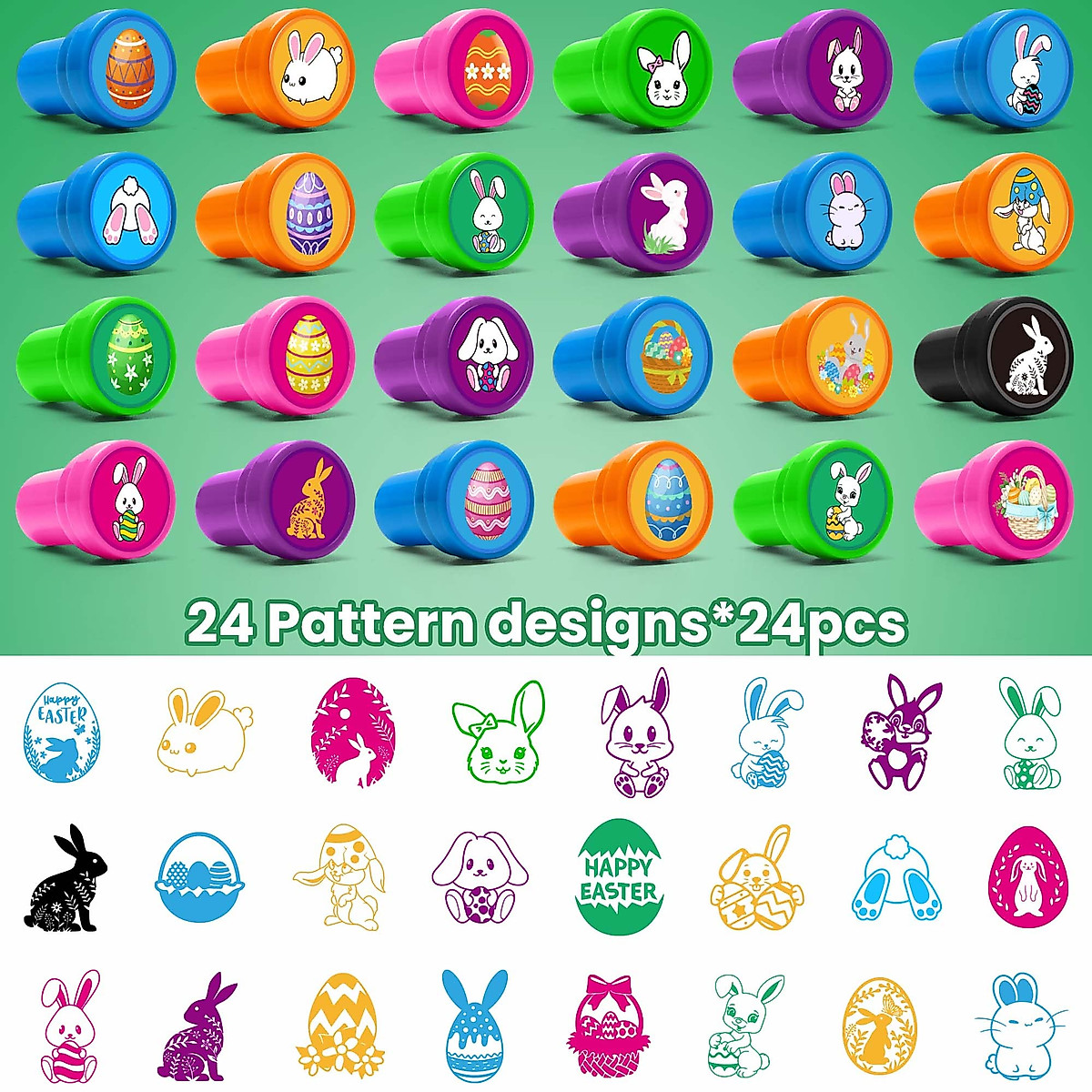 24PCS Easter Eggs + Stampers Egg Fillers, Basket Stuffers Plastic Surprise Perfect Hunt Party Favors Classroom Prize Supplies for Kids Boys Girls