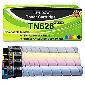 Juyudow Toner Cartridge Compatible for Konica Minolta TN626 TN-626 for Bizhub C450i C550i C650i (4 Pack, BK, C, Y, M) Part#: ACV1130 ACV1230 ACV1330 ACV1430 High Yield 28000 Pages