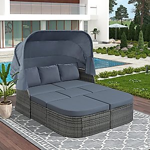 Merax Outdoor Patio Rattan Daybed Sunbed with Retractable Canopy, Sectional Conversation Sofa Set for Backyard and Porch, Grey