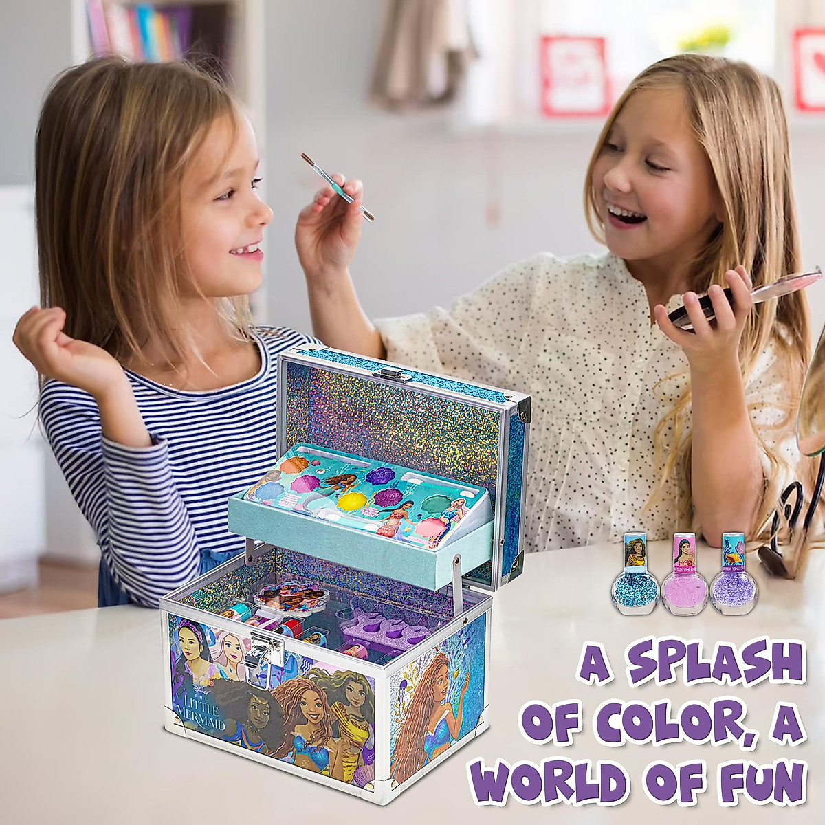 Little Mermaid Train Case Beauty Set, Kids Makeup Kit for Girls, Real Washable Toy Makeup Set, Play Makeup, Pretend Play, Party Favor, Birthday, Toys Ages 3 4 5 6 7 8 9 10 11 12