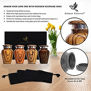 Wooden Print Keepsake Urns - Small Cremation Urns - Mini Urns for Human Ashes Set of 4 with Premium Box & Bags - Honor Your Loved One with Metallic Wooden Urns for Ashes - Small Urns for Men & Women