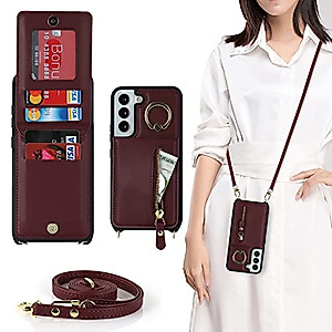 Jaorty Samsung Galaxy S21 5G Phone Case for Women with Card Holder,Crossbody Phone Case for Samsung Galaxy S21 with Strap Lanyard,Credit Card Slots Kickstand Case with Ring Holder,Burgundy