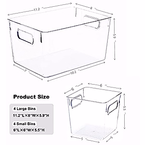 SKTEET 8 Pack Clear Plastic Storage Bins, 4 Large and 4 Small Refrigerator Organizer Bins with Handles, Pantry Organization and Storage for Kitchen,Fridge, Freezer,Home Edit and Cabinet