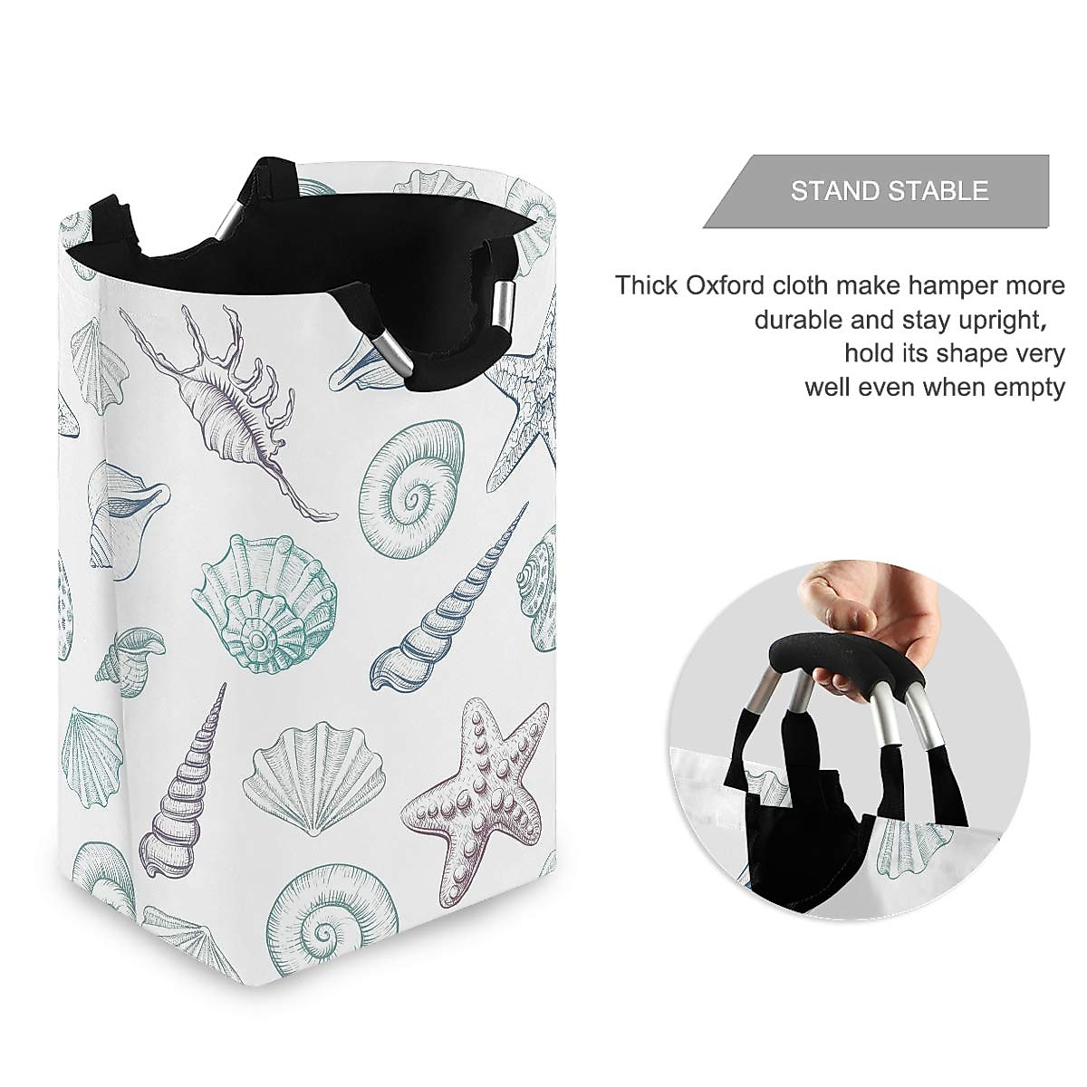 Shell Stars Coastal Starfish Seashell Large Laundry Basket Ocean Creature Collapsible Laundry Hamper with Handles Waterproof Clothes Washing Bin Dirty Baskets Storage for Home College Dorm