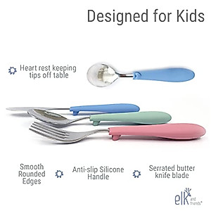 Elk and Friends Kids Silverware with Silicone Handle | Childrens Safe Flatware | Kids Utensils | Spoon + Fork + Knife set | 4 years+ | 6 Pieces