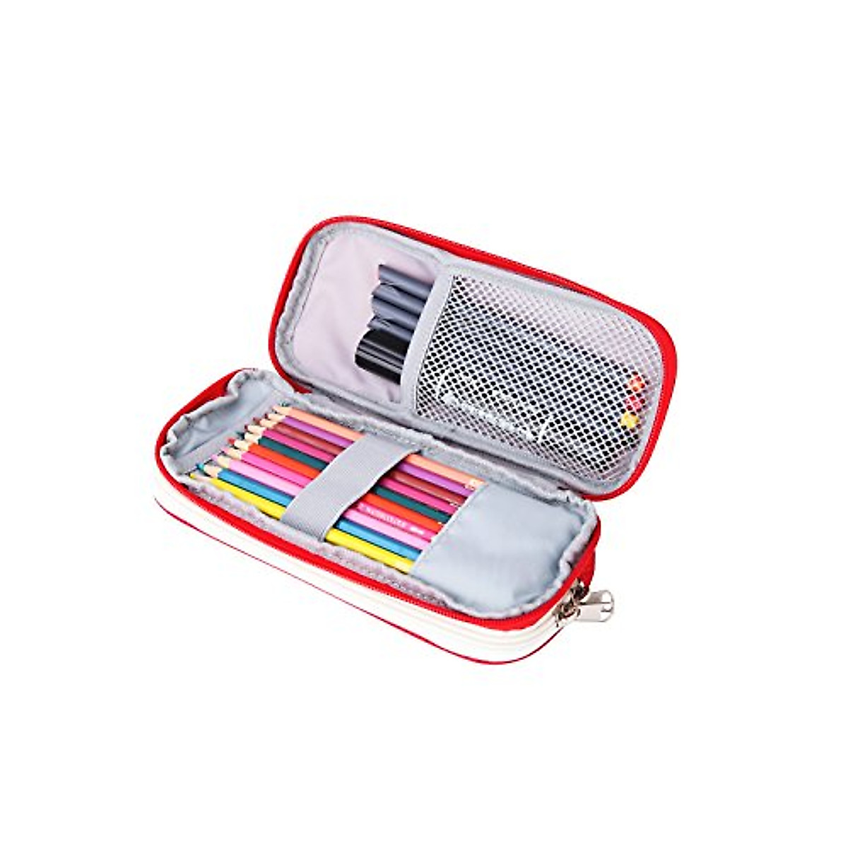 Large Capacity Double Zipper Pencil Case Bag Pen Pouch (Red, Red)