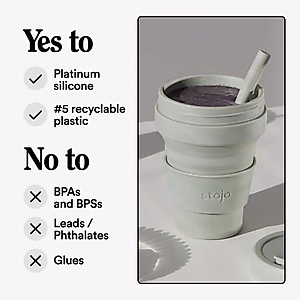 STOJO Collapsible Travel Cup With Straw - Sage Green, 16oz / 470ml - Reusable To-Go Pocket Size Silicone Bottle for Hot and Cold Drinks - Perfect for Camping and Hiking - Microwave & Dishwasher Safe