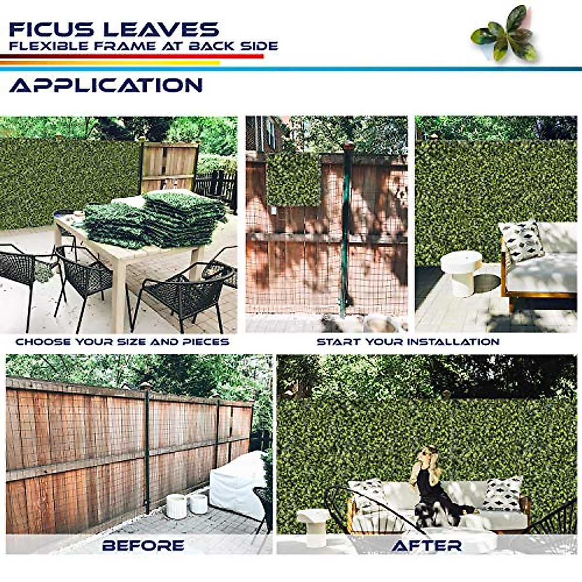Windscreen4less Artificial Faux Ivy Leaf Decorative Fence Screen 20'' x 20" Boxwood/Milan Leaves Fence Patio Panel, Ficus 17 Pieces