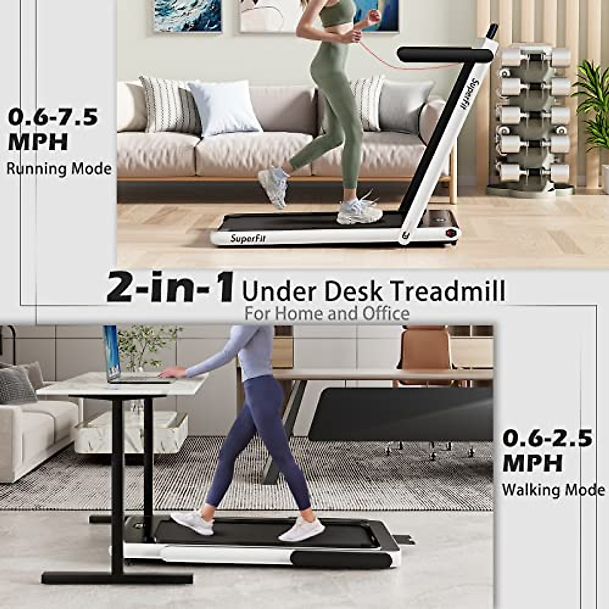 Goplus 2 in 1 Under Desk Treadmill, 2.5HP Superfit Folding Treadmills for Home Office w/Smart APP, Remote Control, LED Display, Bluetooth Speaker, Foldable Walking Jogging Machine (White)