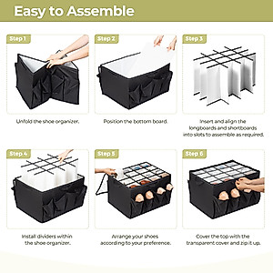 STORAGEIDEAS Shoe Organizer for Closet, Shoe Storage Solution with Clear Cover & Adjustable Dividers, Fabric Shoe Box Fits 16 +8 Pairs Shoes, Black, 1-Pack