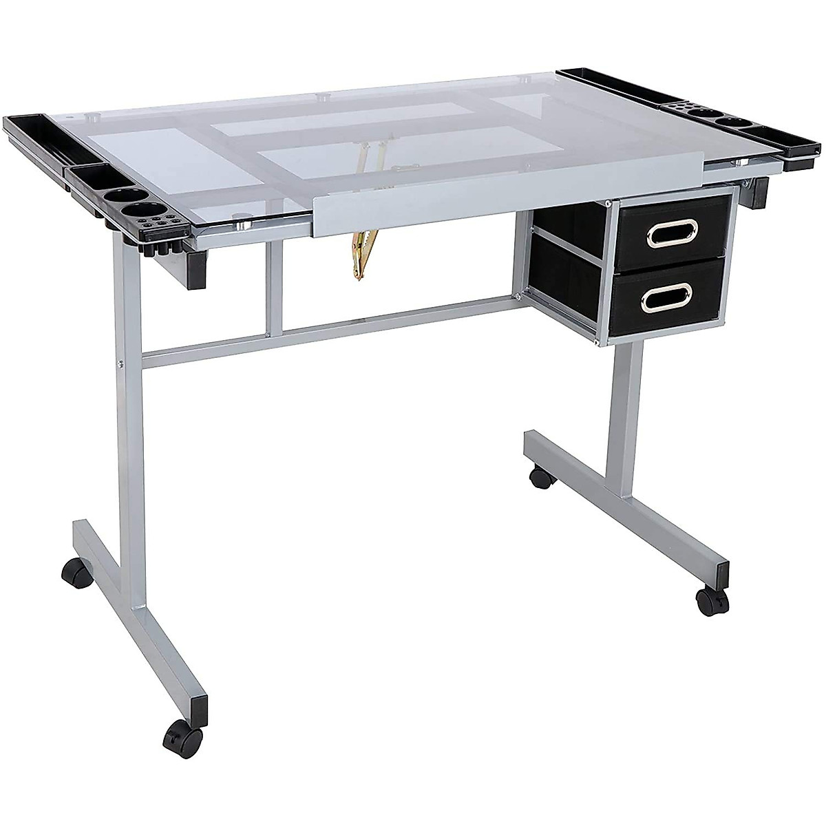 HomGarden Height Adjustable Drawing Desk Glass Top Rolling Drafting Table Art Craft Draft Station Home Office Workstation w/Drawers and Wheels
