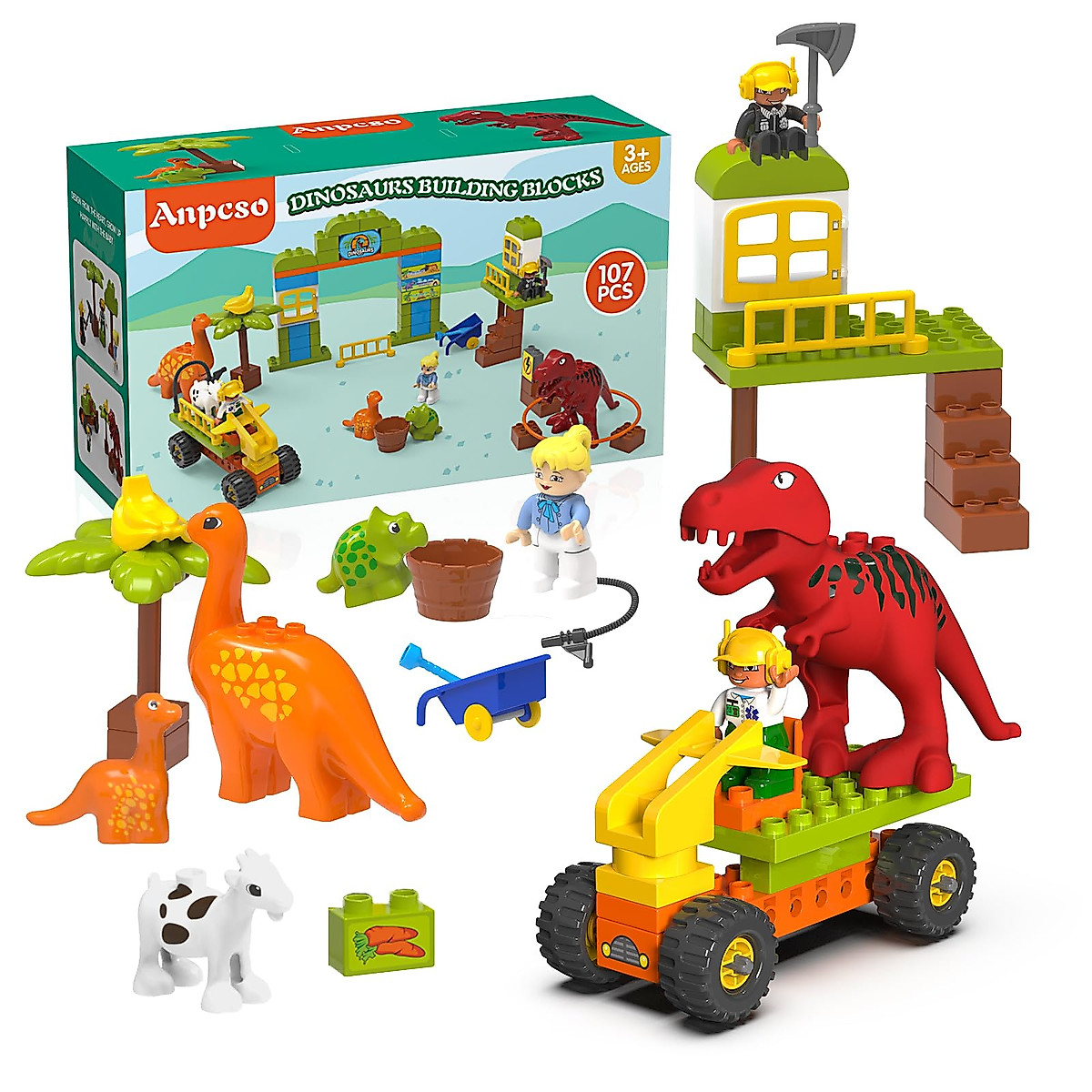 Anpcso Kids Toys for 2 3 4 5 6 7+ Year Old Boys Toddlers Classic Brick Set, Dinosaurs, Car, Figures, Build, Learn and Play, Educational Interactive Creative DIY Toy Compatible with All Major Brands