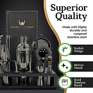 Highball & Chaser 13-Piece Cobbler Cocktail Shaker Set: Black Polished Stainless Steel Bartender Kit for Home Bar Cocktail Set | Laser Engraved Cocktail Tools | Plus E-Book with 30 Cocktail Recipes