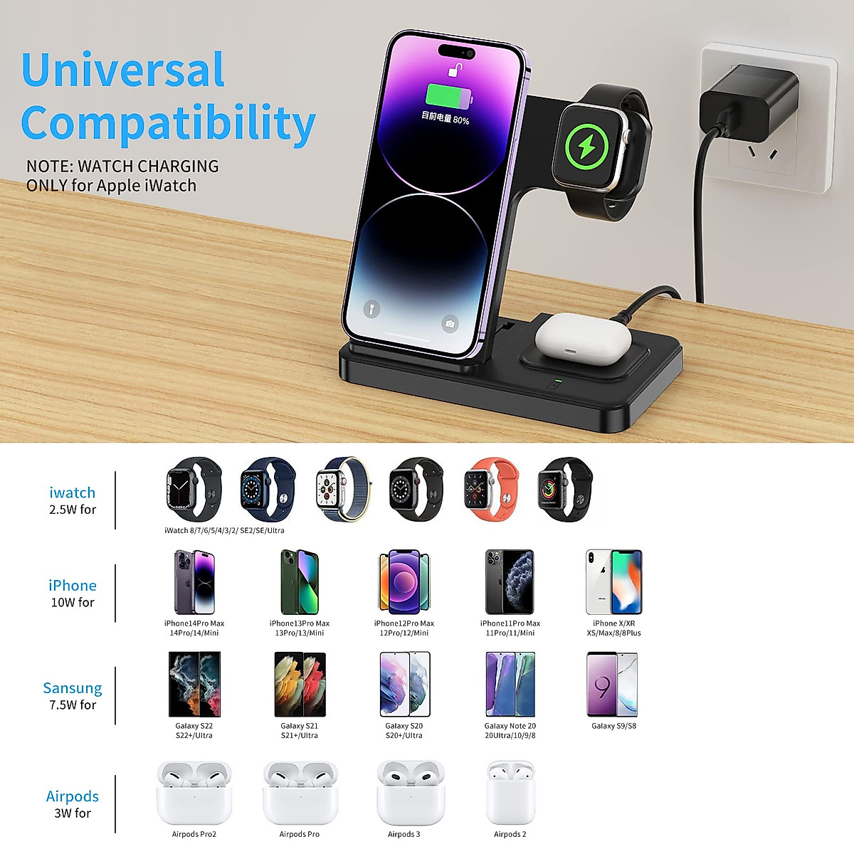 Wireless Charger iPhone, 3 in 1 Charging Station Apple 18W Fast Charging Station for Multiple Devices Apple - iPhone 15 14 Pro Max 13 12 11 - iWatch 8 7 6 5 4 3 2 Se - Airpods 3 2 Pro (with Adapter)