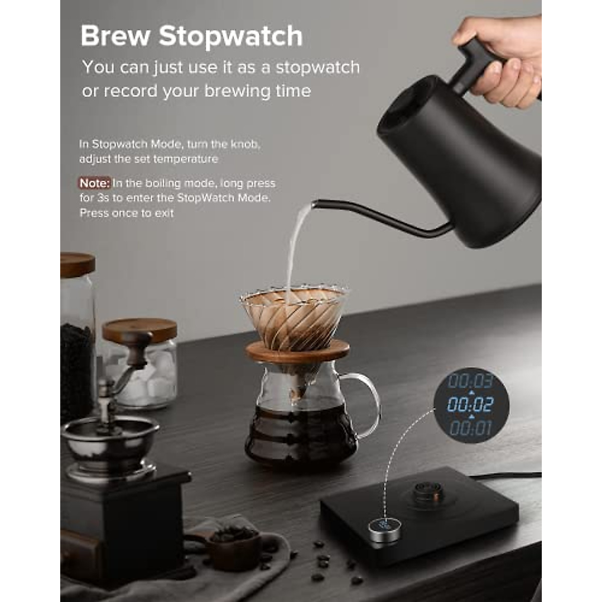 Electric Gooseneck Kettle With Variable Temperature Control, One-key Control All Functions, Pour-Over Coffee Kettle and Tea Kettle, 1200W Quick Heating, 0.8L, Built-in Stopwatch, Matte Black