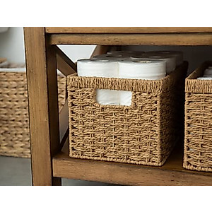 StorageWorks Set of 4 Round Paper Rope Storage Baskets, Rectangular Wicker Baskets with Built-in Handles