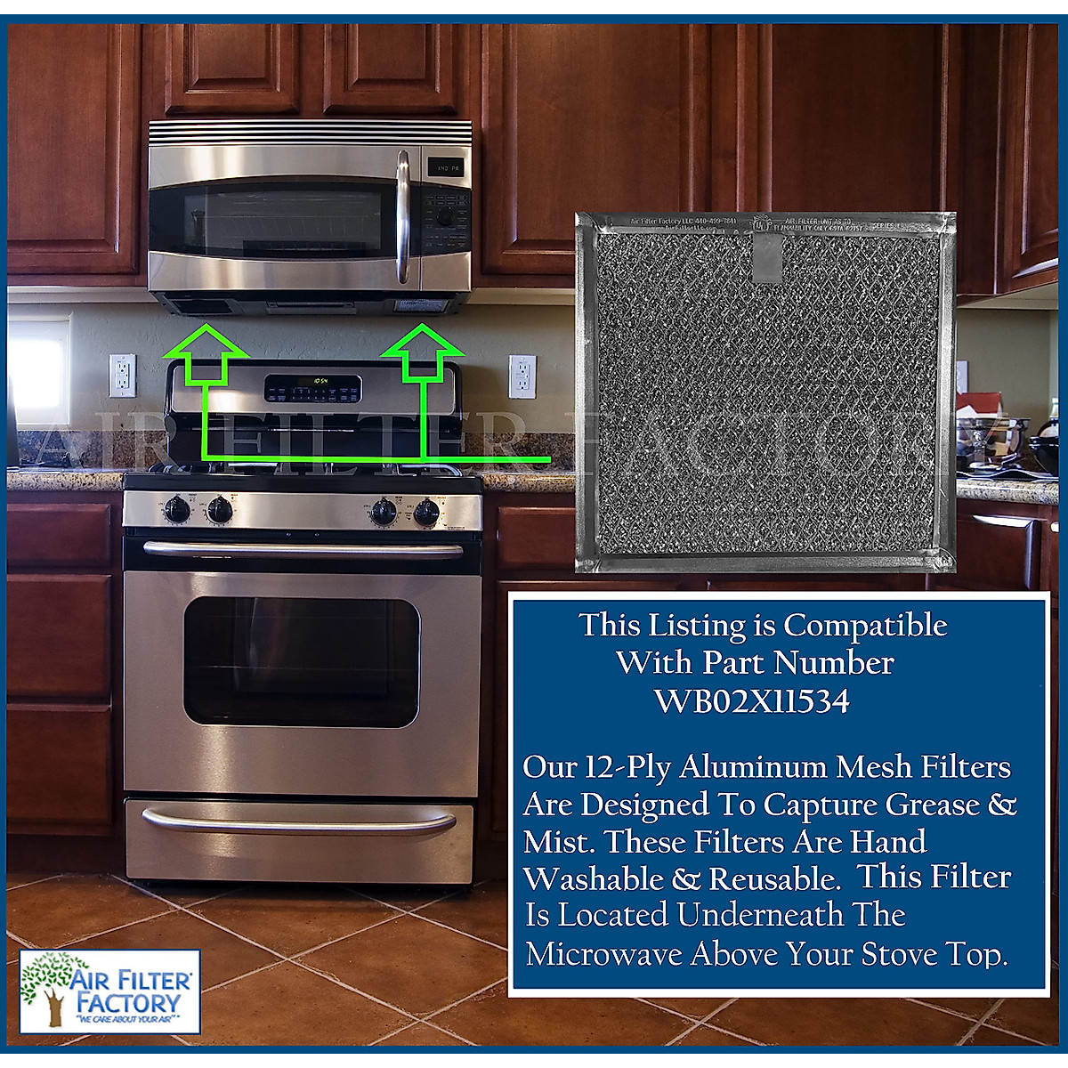 Air Filter Factory Replacement For WB02X11534 GE 6.37 x 6.75 x 0.09 Inches Microwave Oven Aluminum Mesh Grease 12-Layer Vent Filter 2-Pack