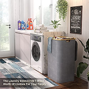 Homykic Laundry Basket with Lid, 97L Large Hamper Clothes Storage Basket with Bamboo Handles, Foldable Tall Laundry Organizer for Dorm, Bathroom, Bedroom, Clothing, Blanket, Light Grey