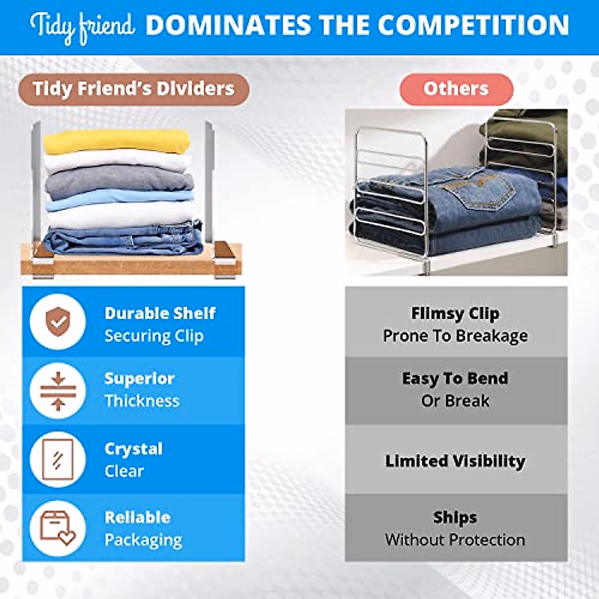 Tidy Friend Clear Acrylic Shelf Dividers for Closet Organization - Durable Closet Shelf Divider, Book Shelf or Pantry Shelf Divider for Wood Shelves - Pack of 4 Space Saving Shelf Organizers