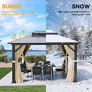 DWVO 10x12ft Hardtop Gazebo Double Roof Polycarbonate Canopy Outdoor with Netting and Shaded Curtains, Aluminum Frame Garden Tent for Patio, Backyard, Deck and Lawns