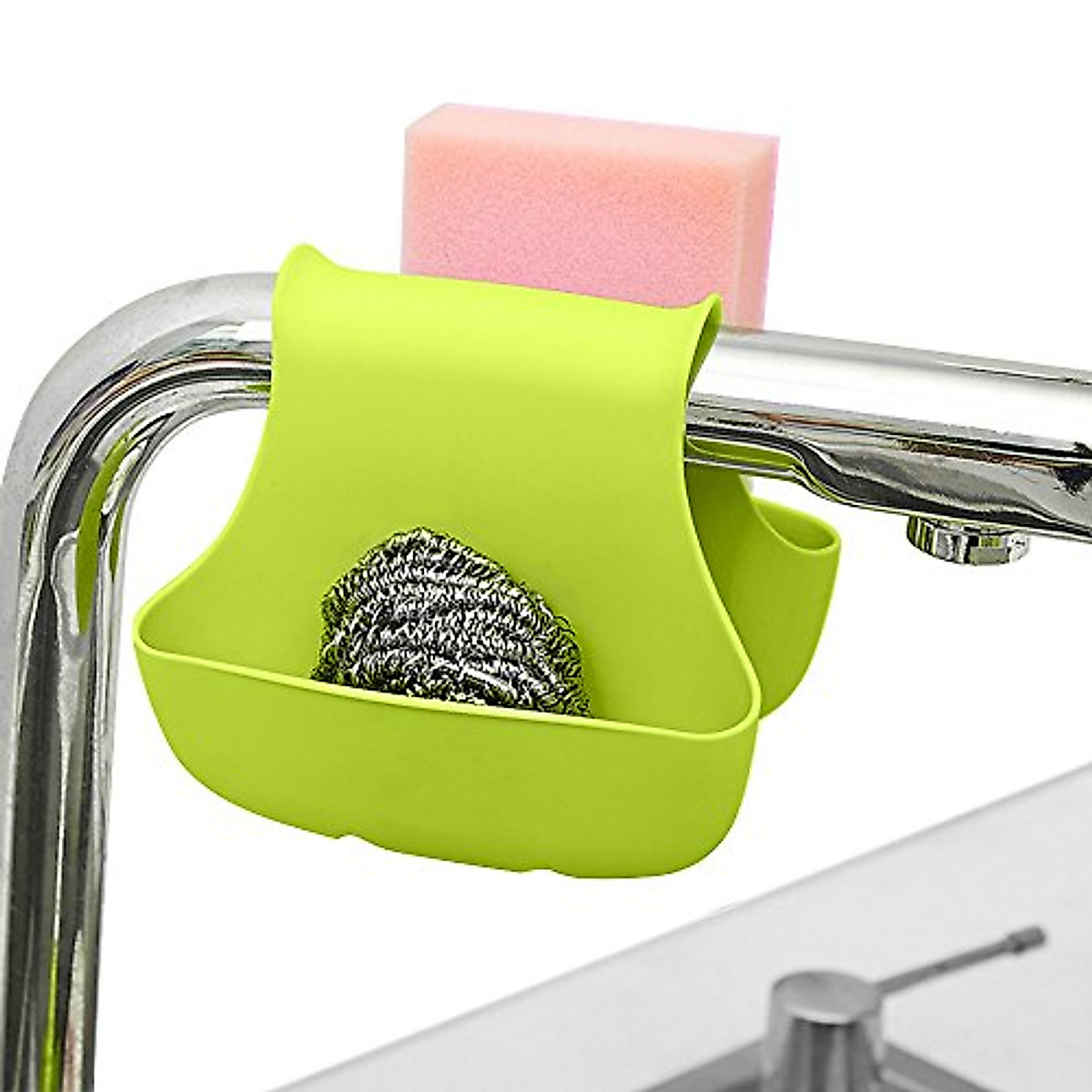 2 Pack Sponge Holder for Double-Sink, FineGood Saddle Caddy Brush Soap Organizer Storage Kitchen Bathroom Plastic Basket - Blue, Green