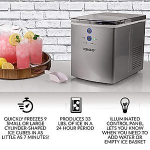 Igloo ICEB33SL Large-Capacity Automatic Portable Electric Countertop Ice Maker Machine, 33 Pounds in 24 Hours, 9 Ice Cubes Ready in 7 minutes, With Ice Scoop and Basket, Perfect for Water Bottles