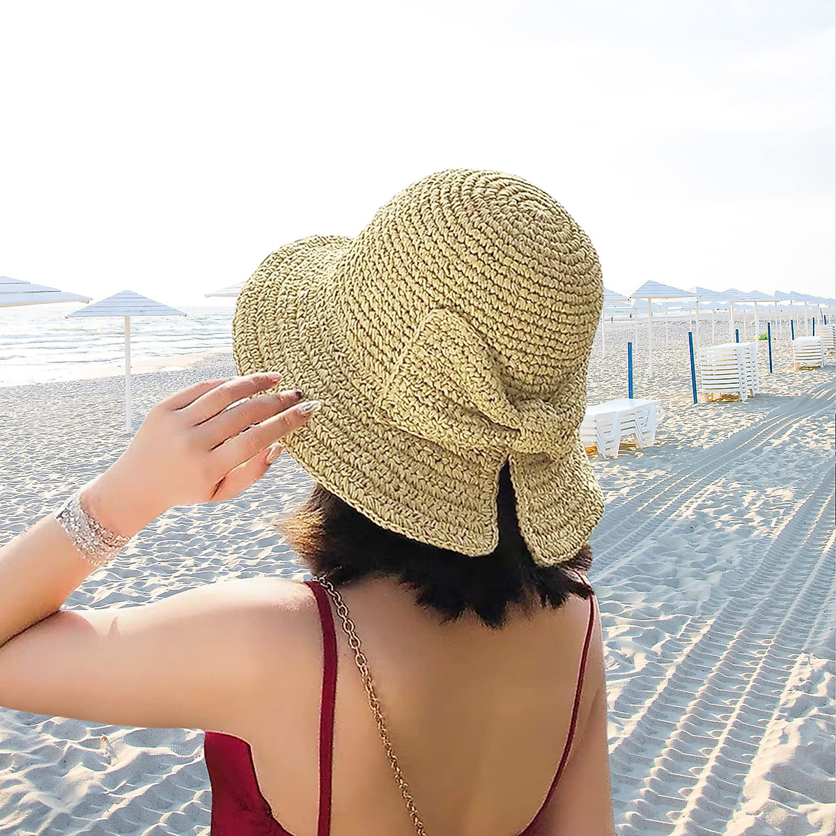 Floppy Straw Sun Hat Foldable Packable Wide Brim Summer Beach Hat Crochet Bucket Hat with Bow for Women (B Beige)