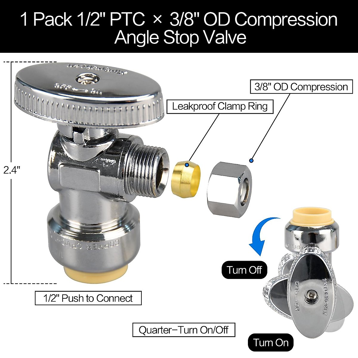 1/2/5/10/20pcs Stop Valves, 1/2" × 3/8" Angle Stop Valve, 1/2" PTC Input, 3/8" OD Compression Output, Push to Connect, 1/4 Turn, Chrome Plated Brass for Faucet, Toilet Valves, No Lead (2pcs Angle)