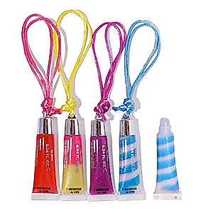 M&U Lip Gloss Necklace Set for Kids, 4 Pcs Assorted Flavors Moisturizing Shimmer Glossy Lip Party Favor Make-up for Girls and Teens Ages 5+