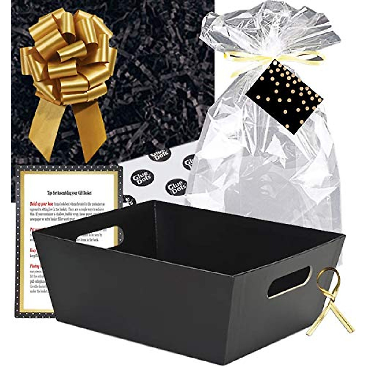 Gift Basket Making Kit and Supplies - Do It Yourself Diy Build Your Own Gift Basket Matching Supplies Market Tray Basket Cellophane Bag Shredded Crinkle Paper Ribbon Pull Bow (BLACK AND GOLD, X-LARGE)