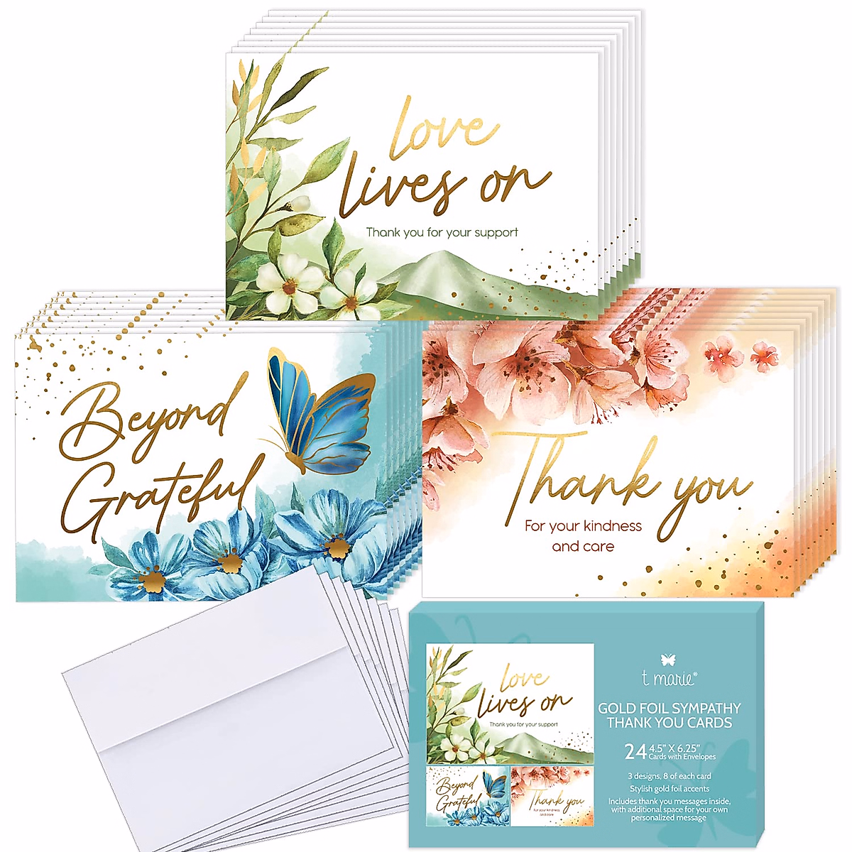 T MARIE 24 Gold Foil Funeral Thank You Cards With Message Inside - 4.5 x 6.25” Floral Bulk Sympathy Flower Thank You Cards with Words Inside - Bereavement Thank You Notes With Envelopes