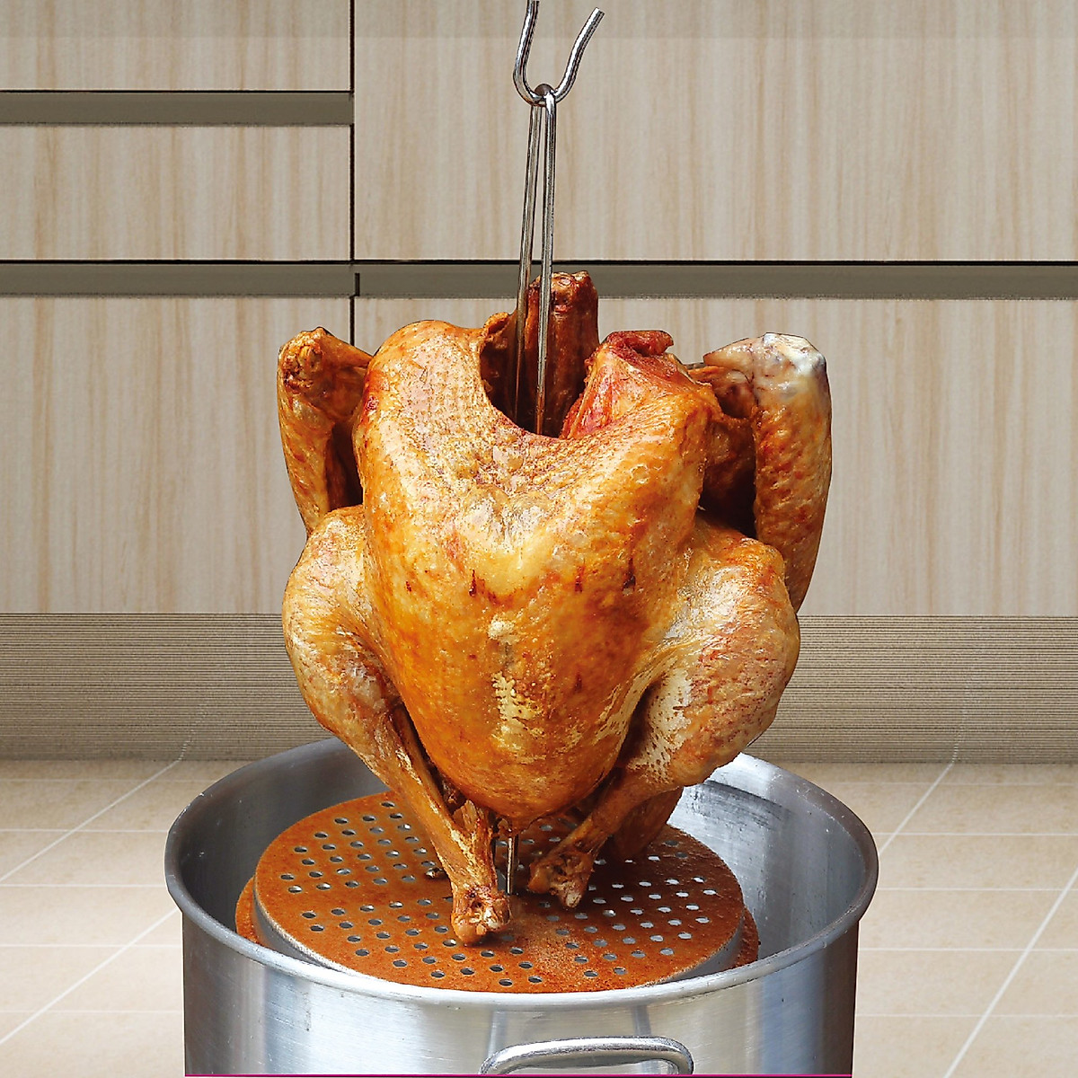 BOHK Turkey Chicken Fryer Poultry Rack Set Deep Frying Rack and Handle lifter Hook Stainless Steel Vertical Chicken Roaster Stand Rack, Heavy Duty Aluminum Roasting Drip Pan (Style A)