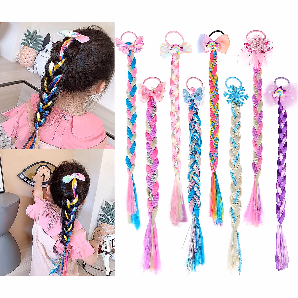 8 Pieces Colored Braids Hair Extensions with Rubber Bands Ponytails Hair Bows Rainbow Color Synthetic Hairpieces Glitter Braided Hair Extensions for Women Kids Girls Party Highlights Cosplay Dress Up