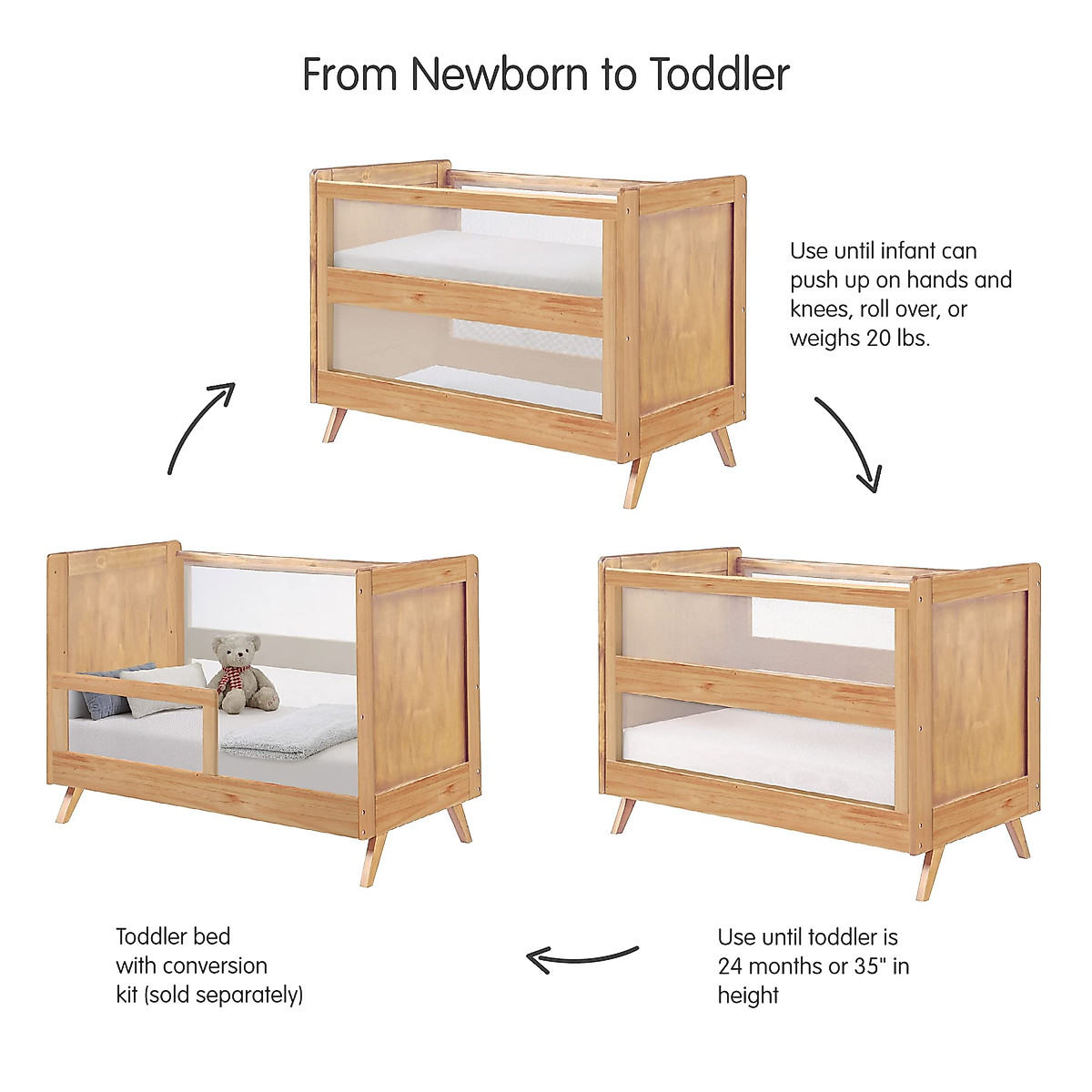 BreathableBaby Breathable Mesh 3-in-1 Convertible Crib (Toddler Bed Kit Sold Separately) — Beech — Two Adjustable Mattress Heights — Greenguard Gold Certified