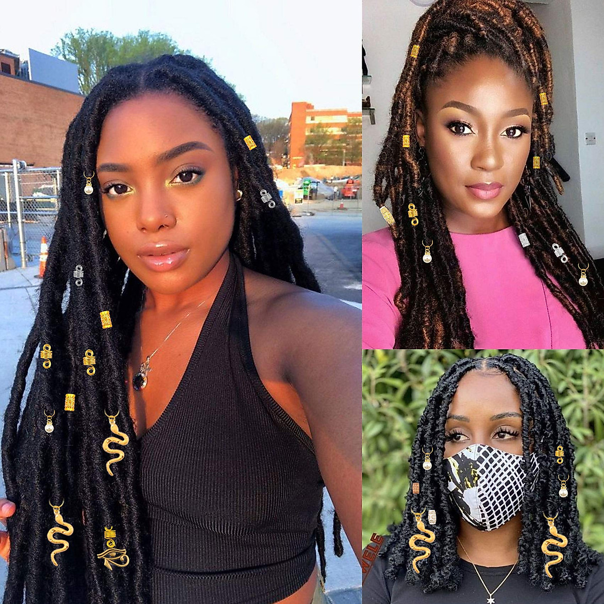 Messen 121Pcs Dreadlocks Jewelry Crystal Wire Wrapped Loc Adornment Imitation Wood Beads Braid Accessories Hair Cuffs Beard Tube Beads Pearl Pendants for Braids Hair Clip Decoration