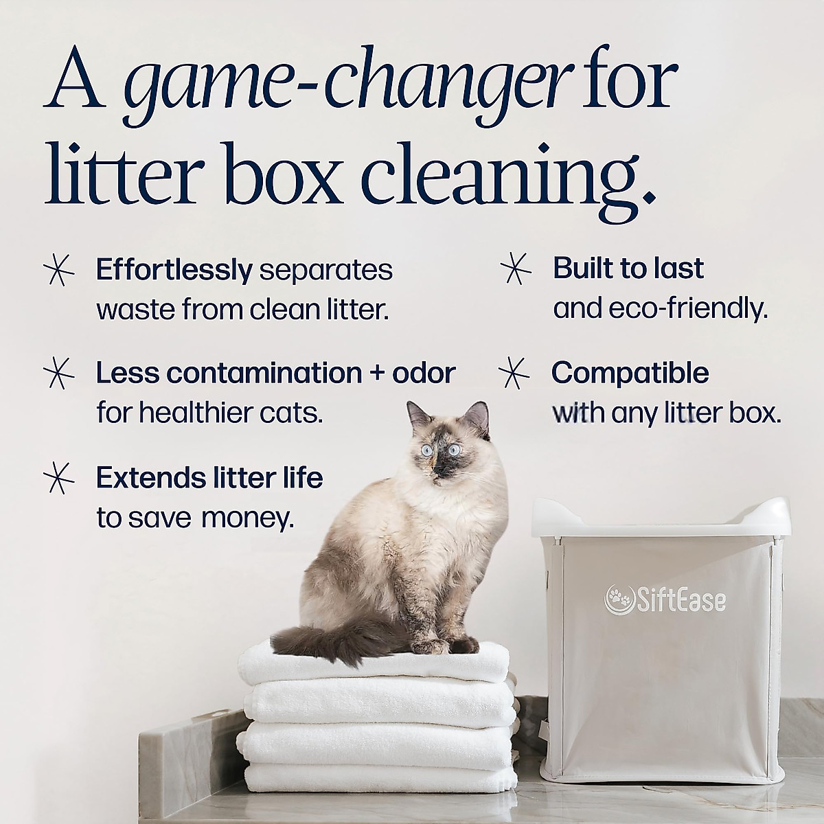 Cat Litter Sifter - SiftEase Sifting Litter Box Cleaner, Fast & Easy Scoop Free Cleaning, Large Sifter with Bin for Odor Control and Longer Lasting Litter