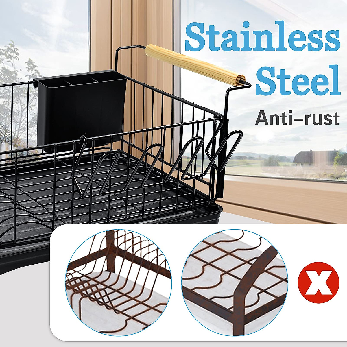Stainless Steel Dish Drying Rack, Dish Racks with Drainboard, Utensil Holder and Cup Holder, Black Large Capacity Kitchen Dish Racks Drainer for Kitchen Counter