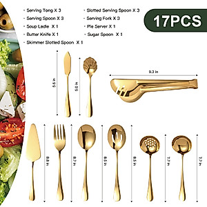 Keyoxy Gold Serving Utensils,17 Pcs Stainless Steel Serving Utensil with Serving Spoon,Slotted Spoons,Forks,Soup Ladle,Serving Tongs,Pie Server,Butter Knife Serving Utensils Set for Parties,Buffet
