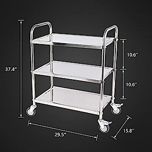 Amarite 3 Shelf Stainless Steel cart，420 lbs，1MM Thick，Serving cart with Wheels, Household, Service Trolley,360°Rotation Storage Shelf with Locking Wheels（29.5*15.8*37.4）'' Stainless Utility cart.