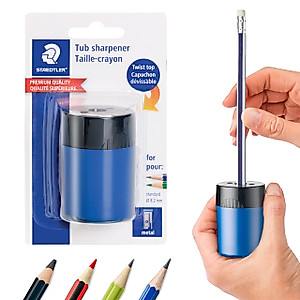 STAEDTLER pencil sharpener, premium quality sharpener with screw-on lid, prevents accidental openings, compact size for pencil case and work-station, 511 63BK (Pack of 1) , Assorted colors.